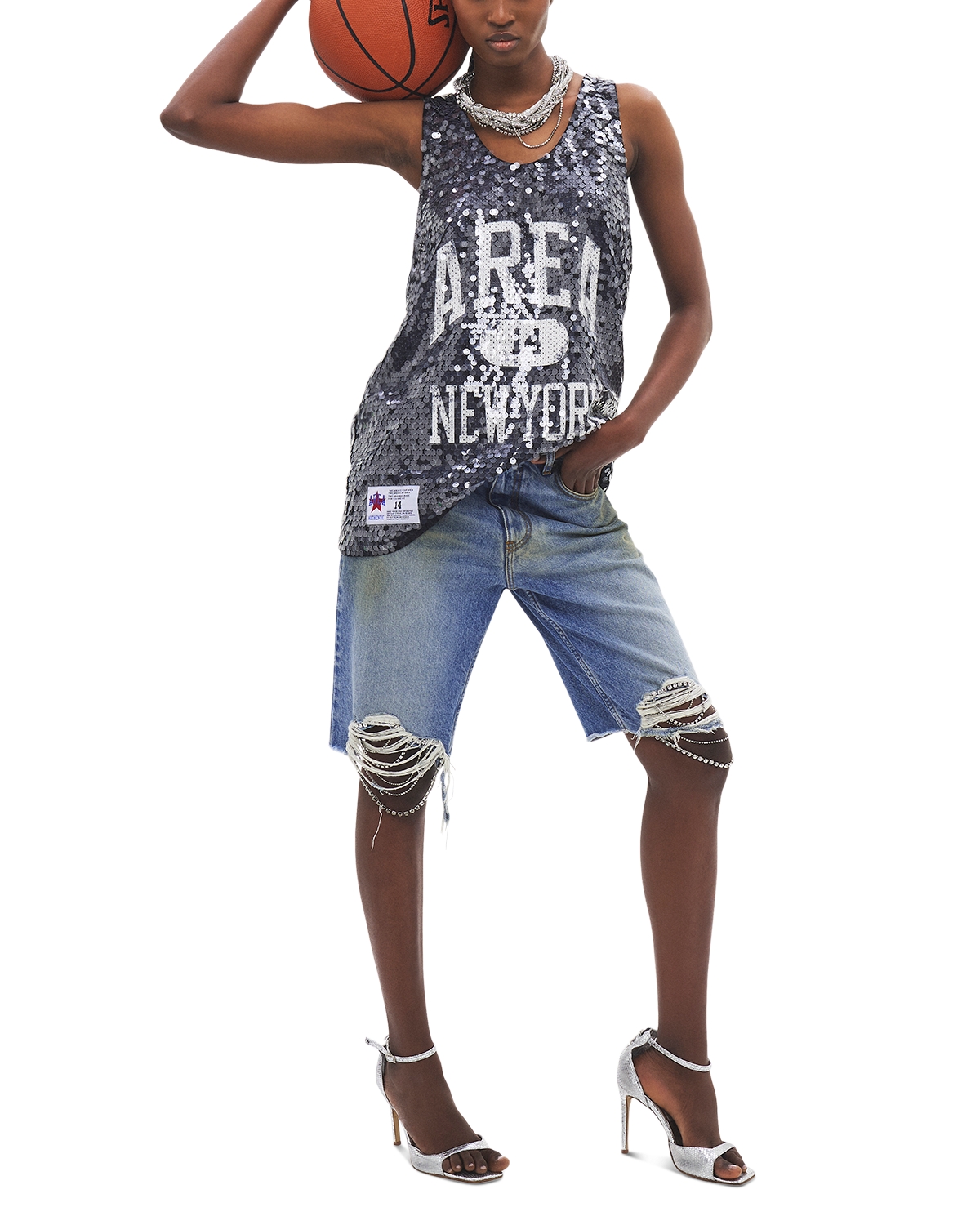 AREA Crystal Strands Frayed Denim Shorts